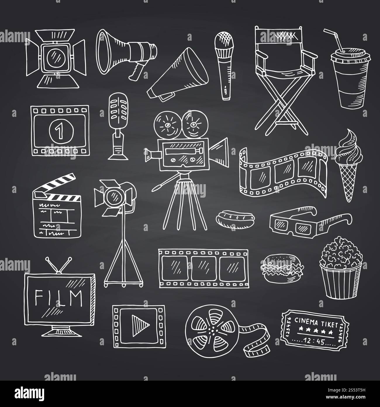 Vector cinema doodle icons on black chalkboard illustration. Film ...