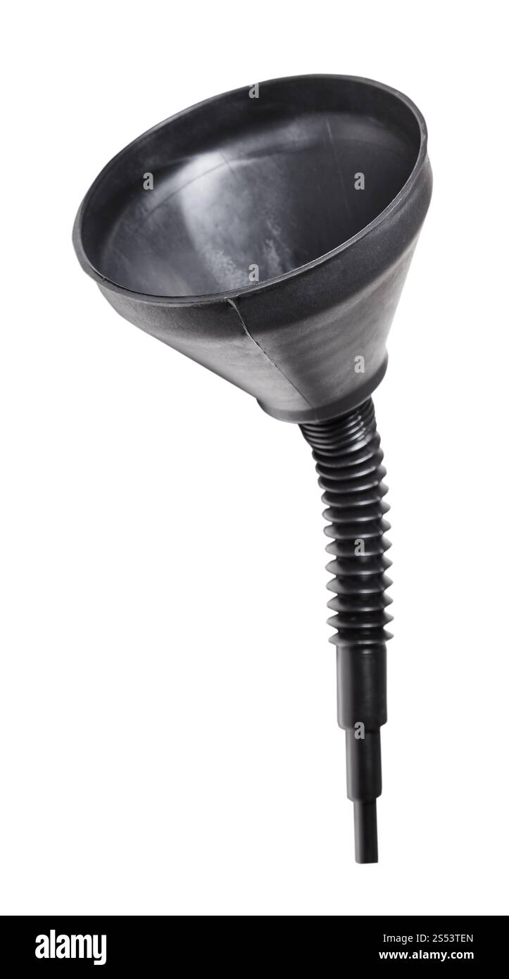 wide black plastic funnel with bended spout isolated on white ...
