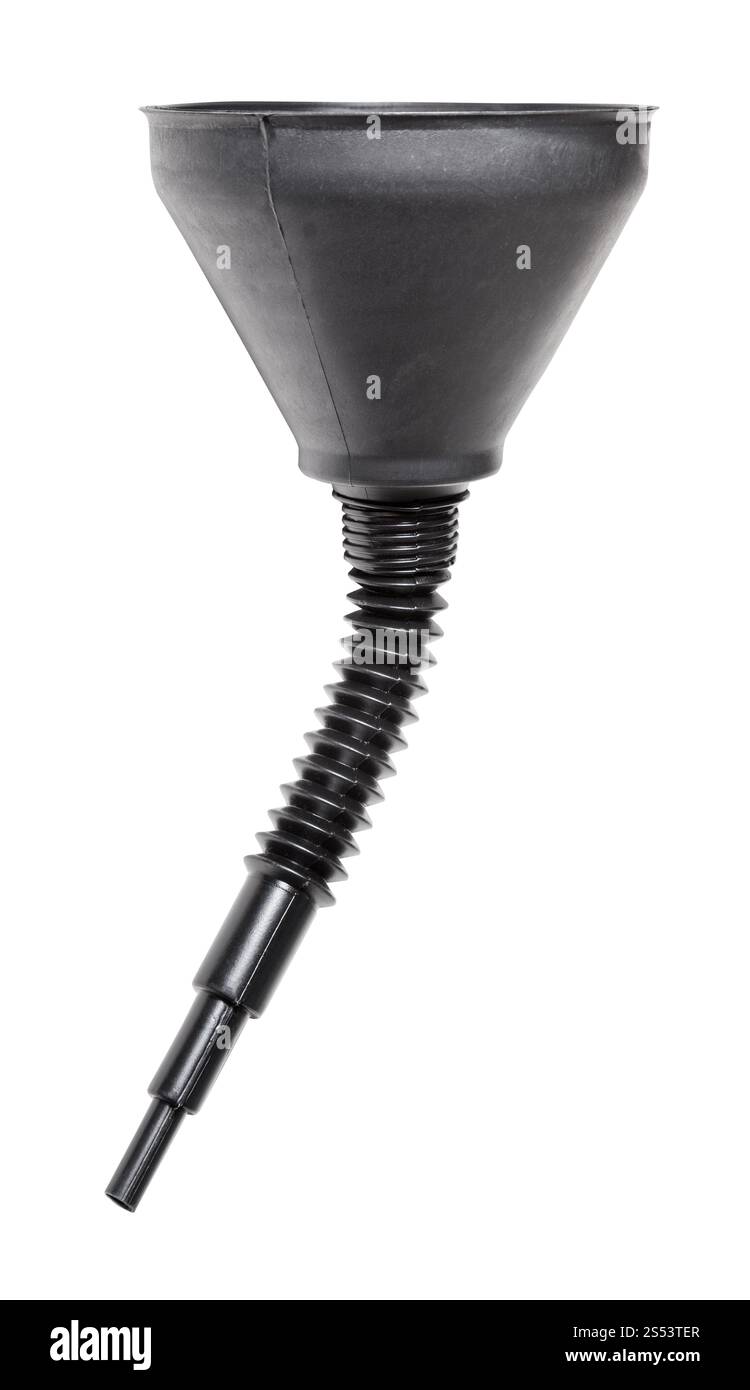 side view of wide black plastic funnel with bended spout isolated on ...