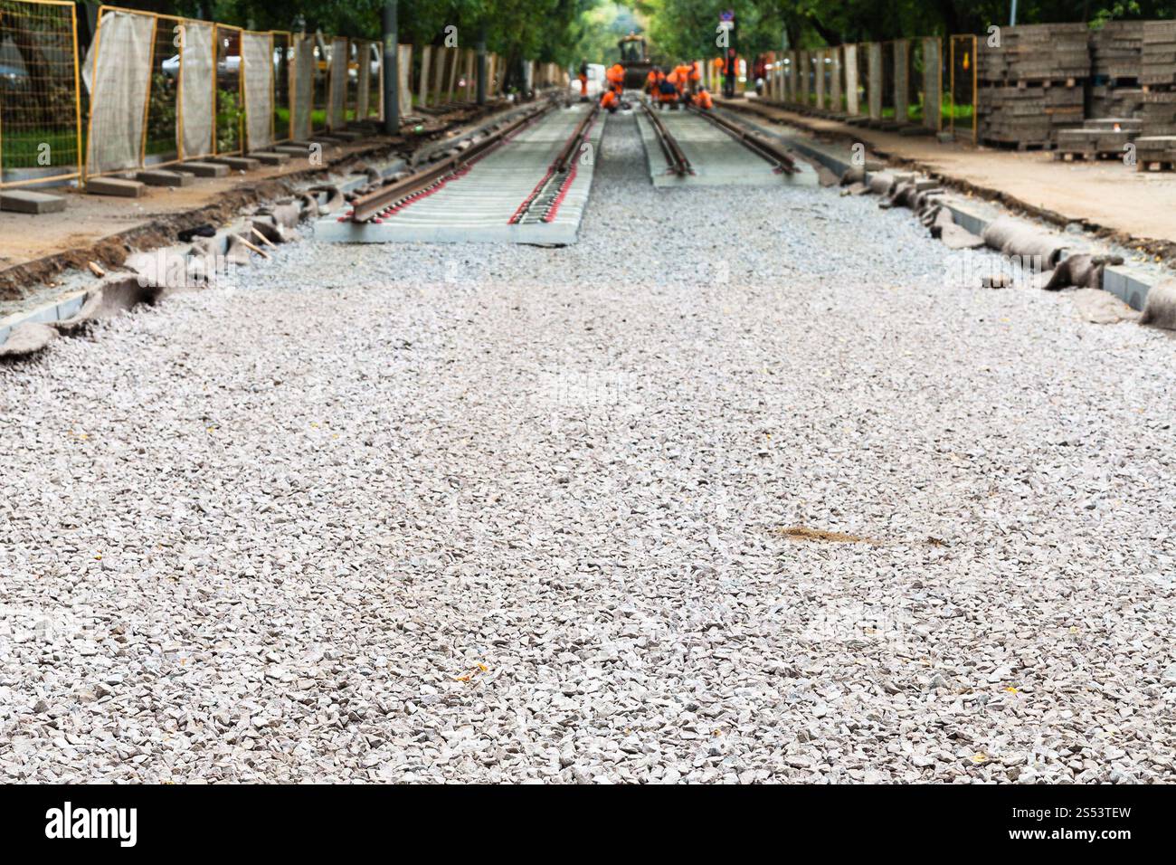 repair of tram tracks in Moscow city - laying of new rails on the tram ...