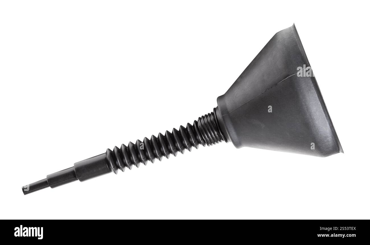 side view of wide black plastic funnel with flexible spout isolated on ...