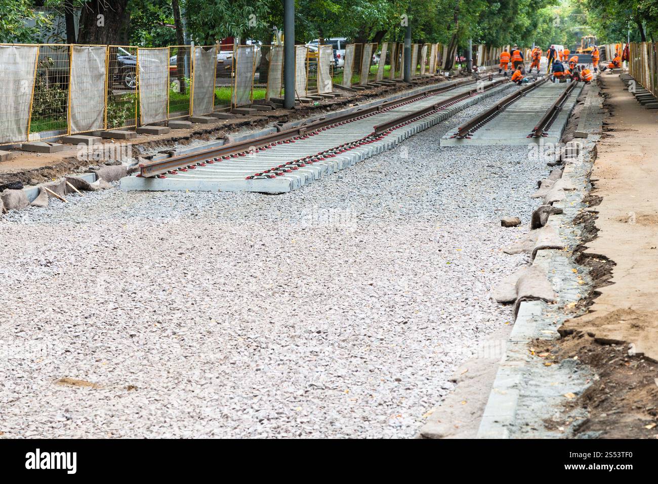 repair of tram tracks in Moscow city - laying of new rails on the tram ...