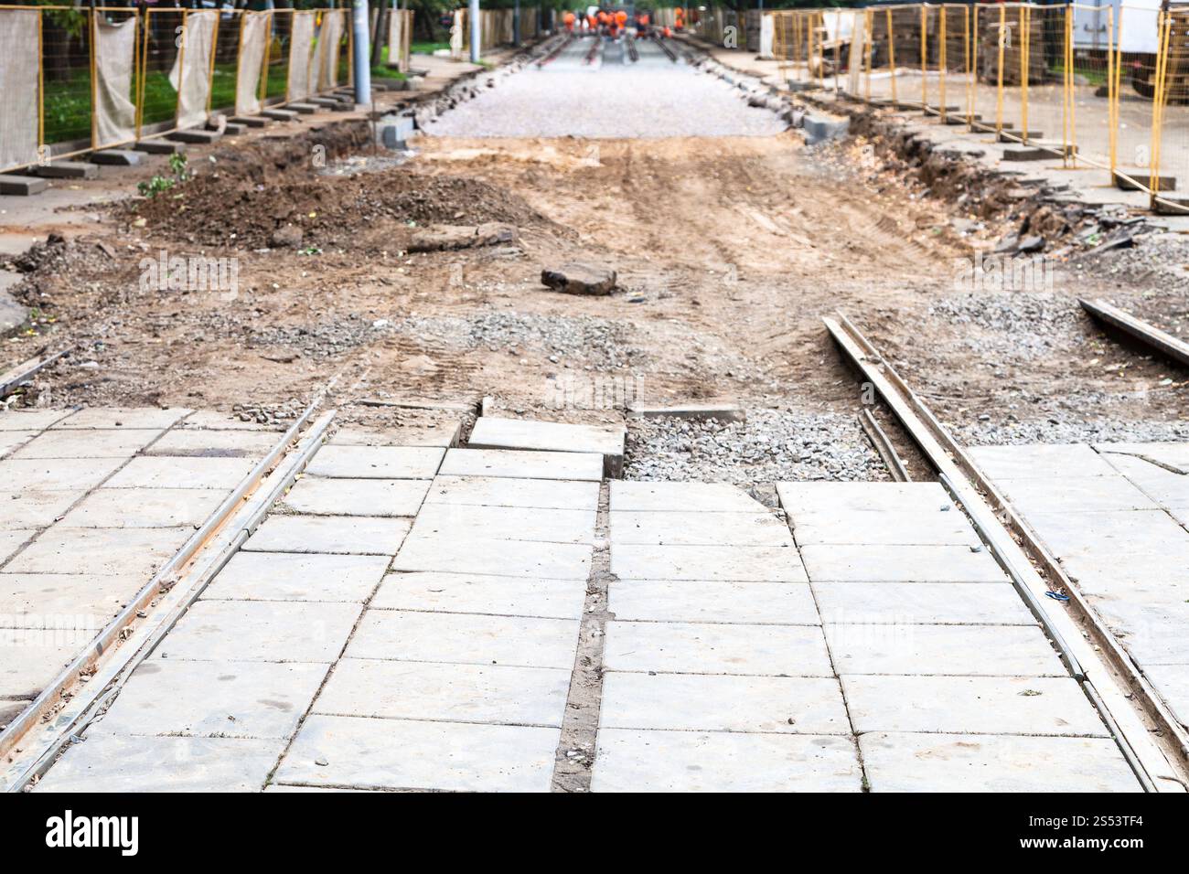 repair of tram tracks in Moscow city - disassembled tram road and ...