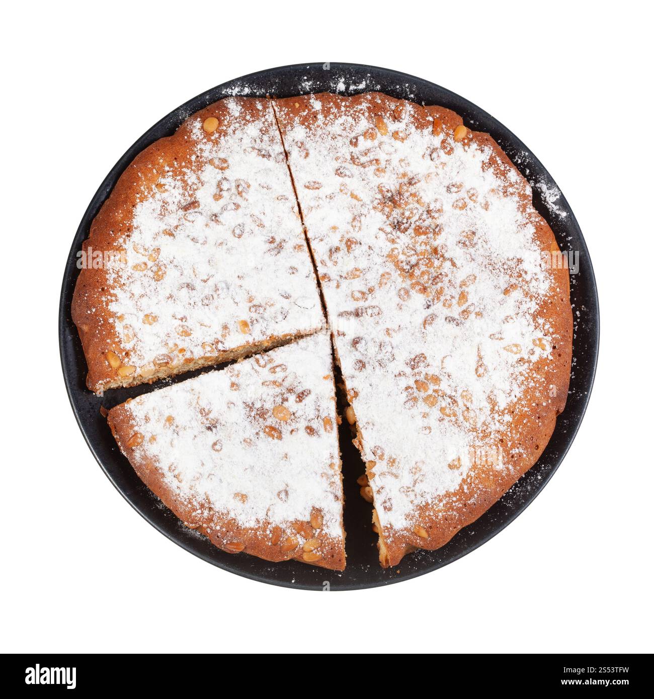 top view of Italian Pine Nut Cake on black plate isolated on white ...