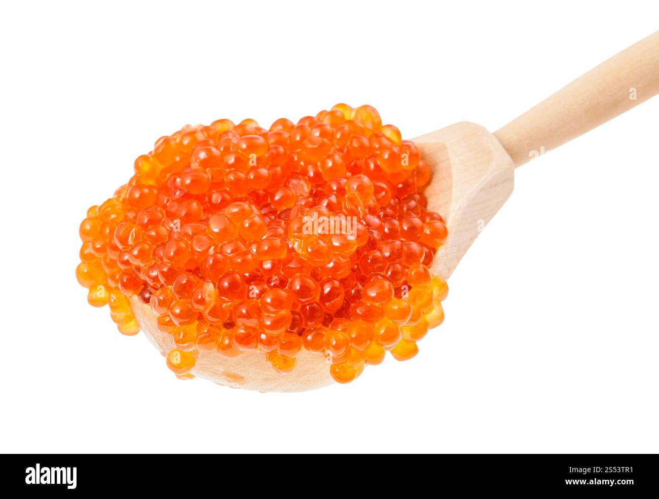 big wooden spoon with salted russian red caviar of pink salmon fish ...