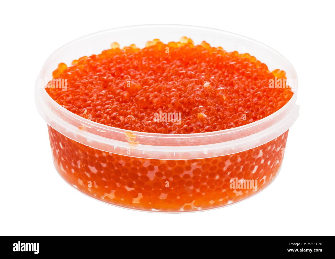 plastic container with salted russian red roe of pink salmon fish ...