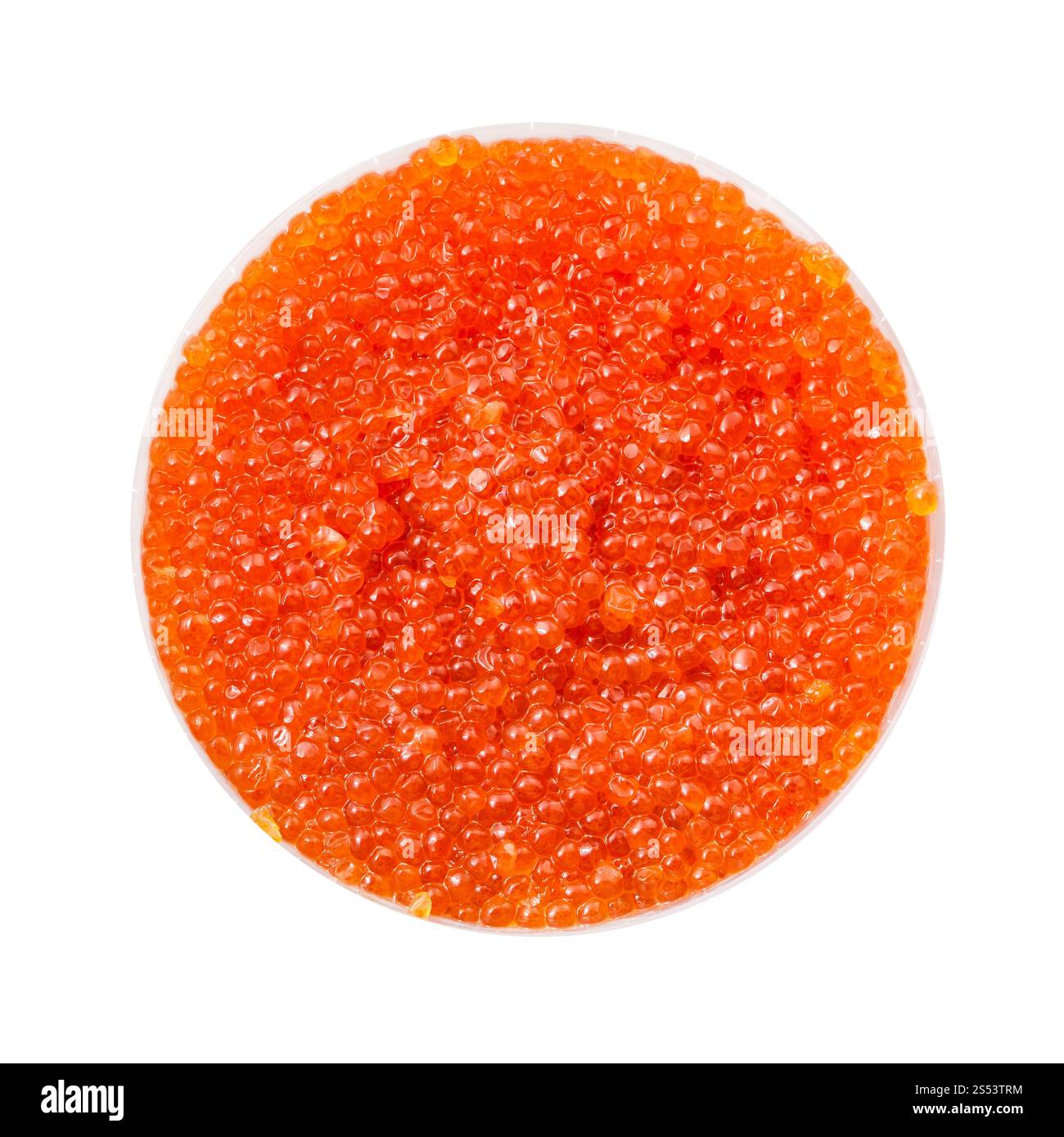 top view of plastic container with salted russian red roe of pink ...