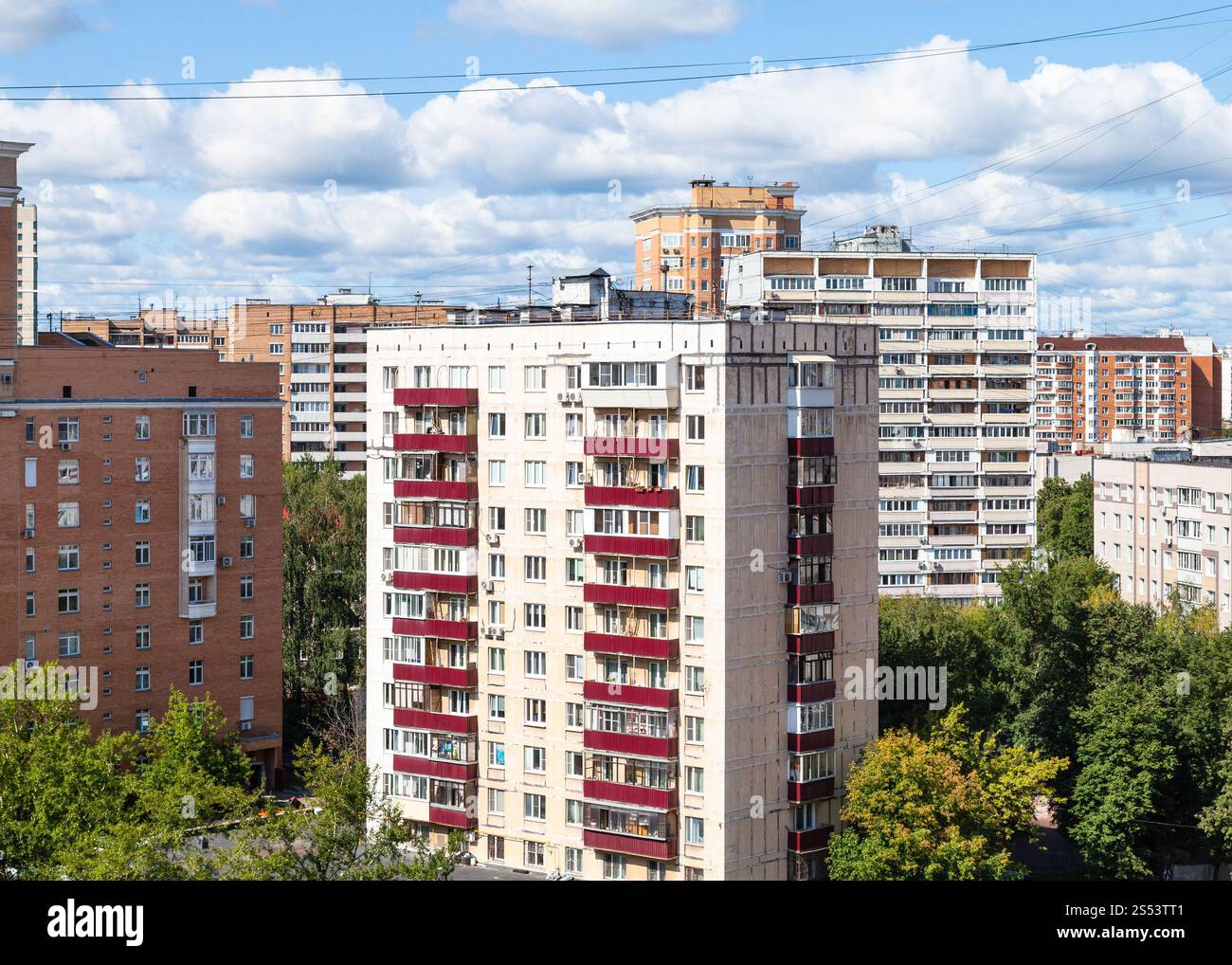 concrete-paneled house in residential district in Moscow city in sunny ...