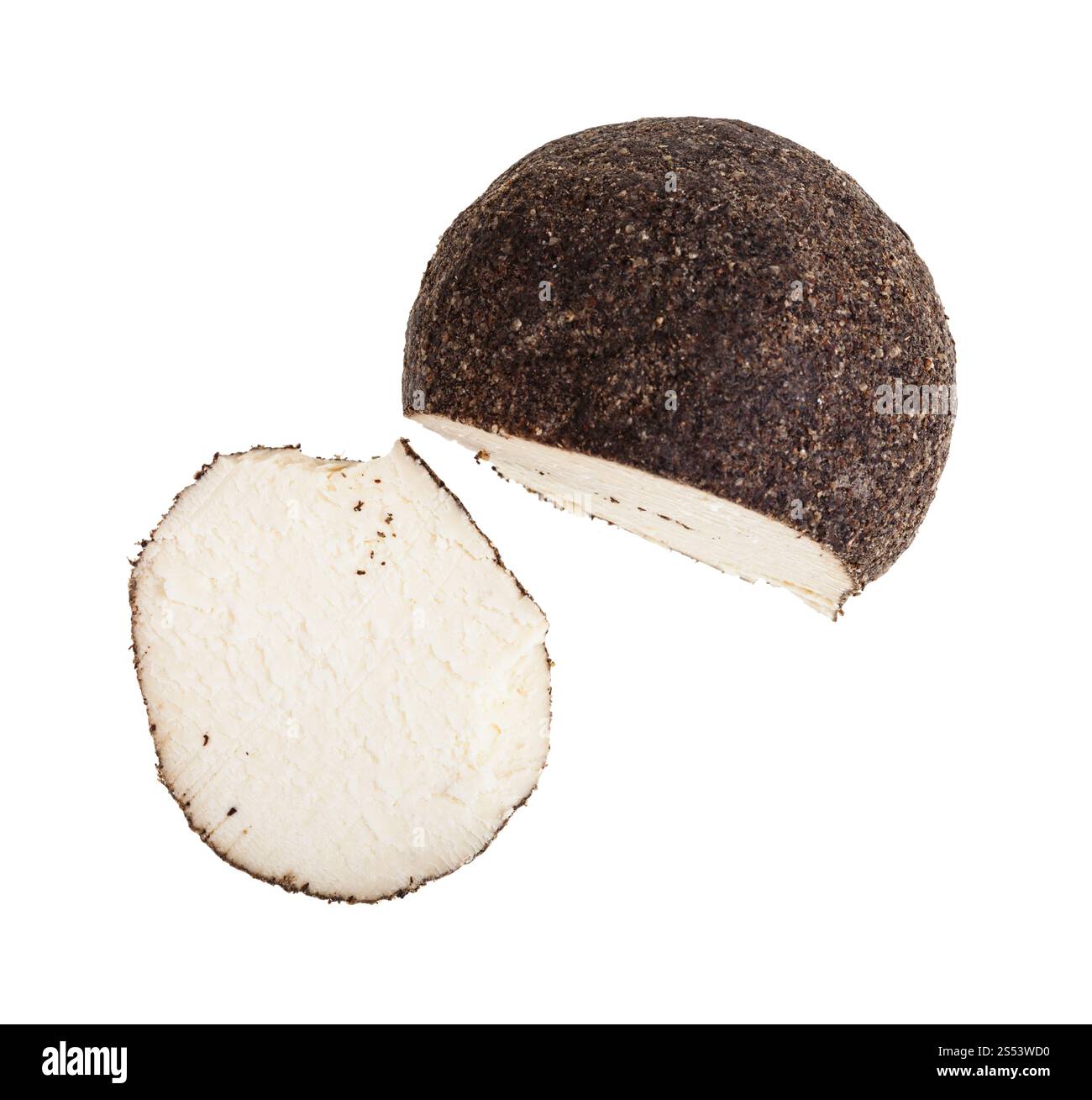 top view of cheese coated by black pepper with cutted piece isolated on ...