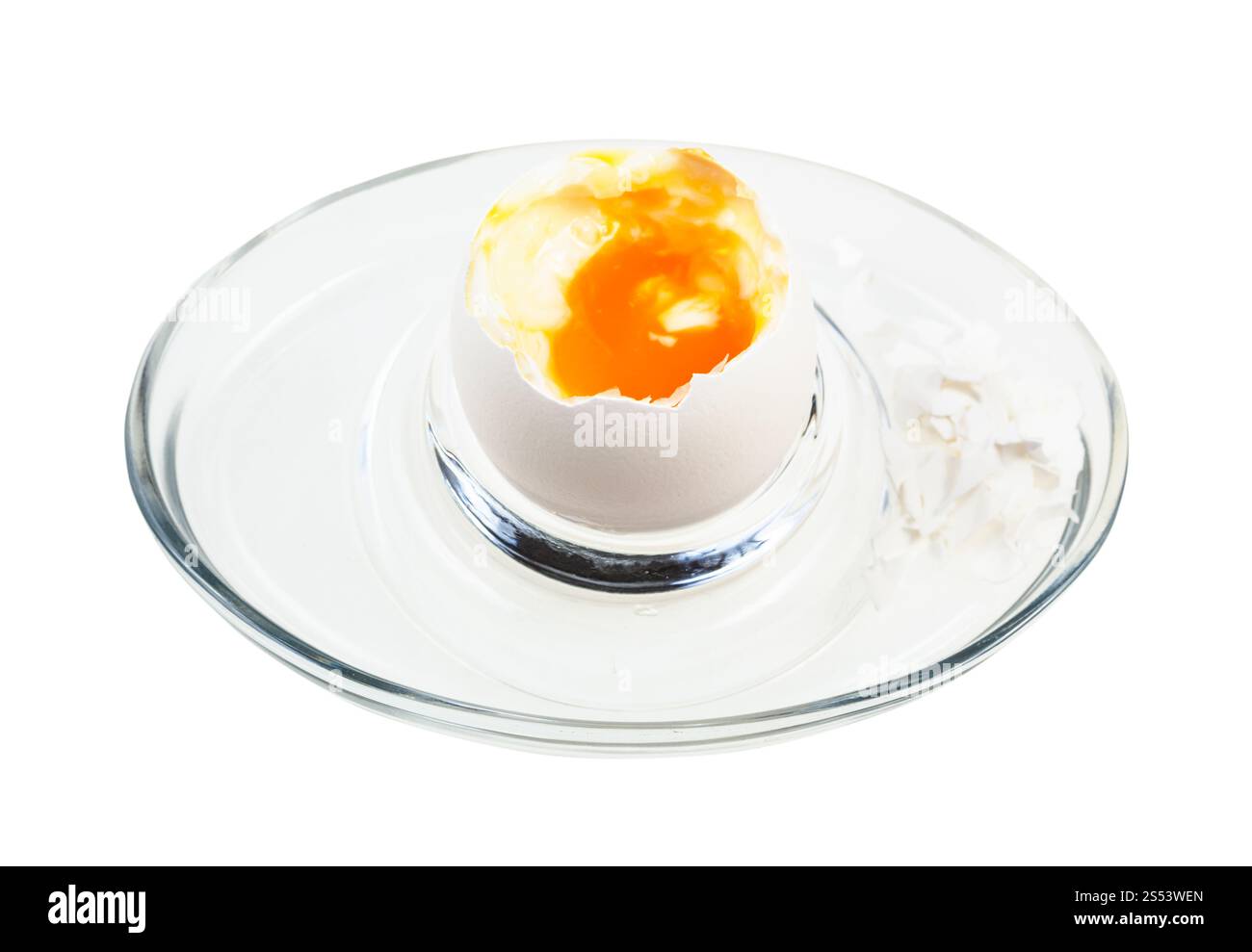 open boiled white egg in glass egg cup isolated on white background ...