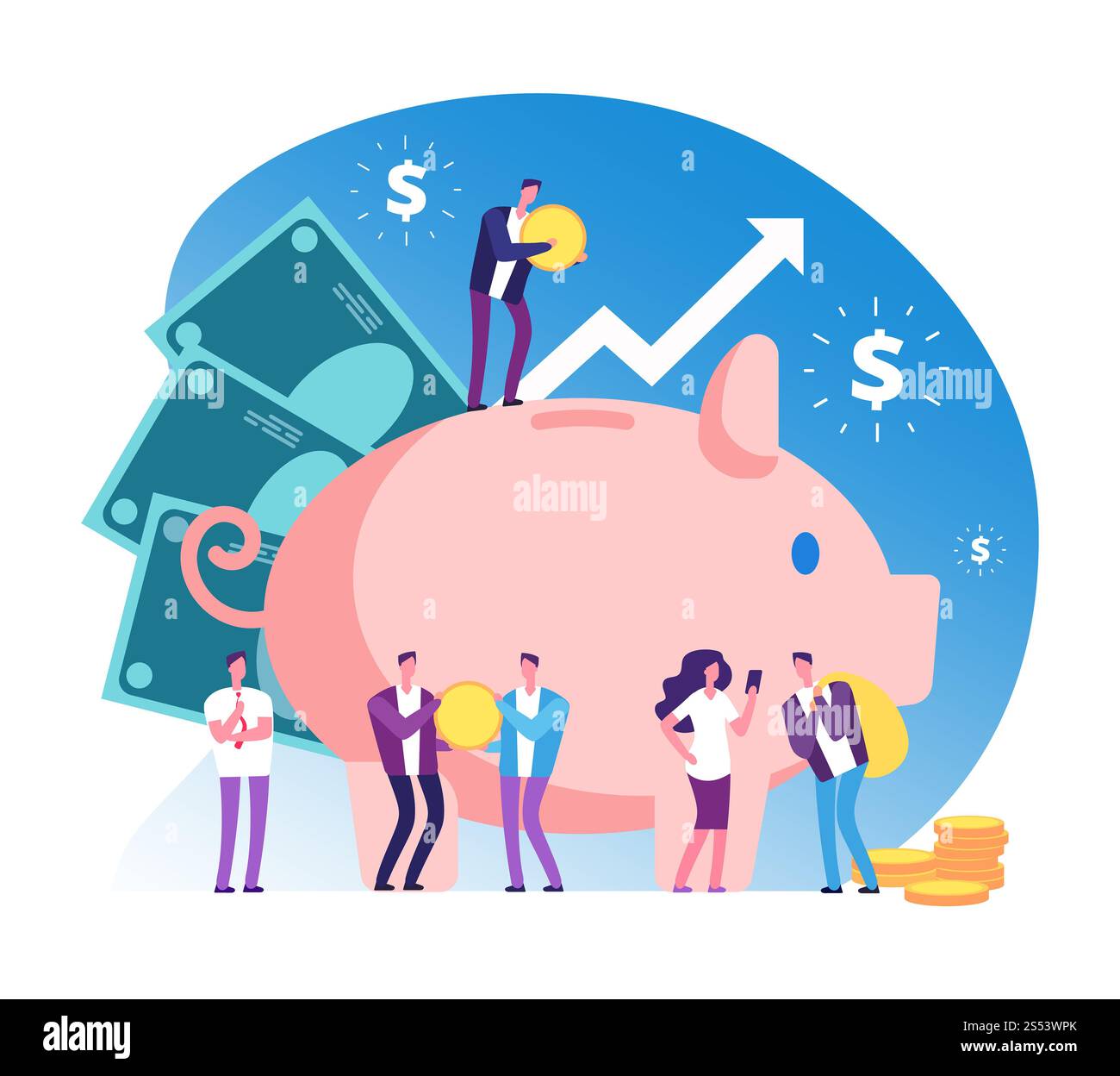 Piggy bank and people. Deposit money bank, wealth and cash accumulator ...