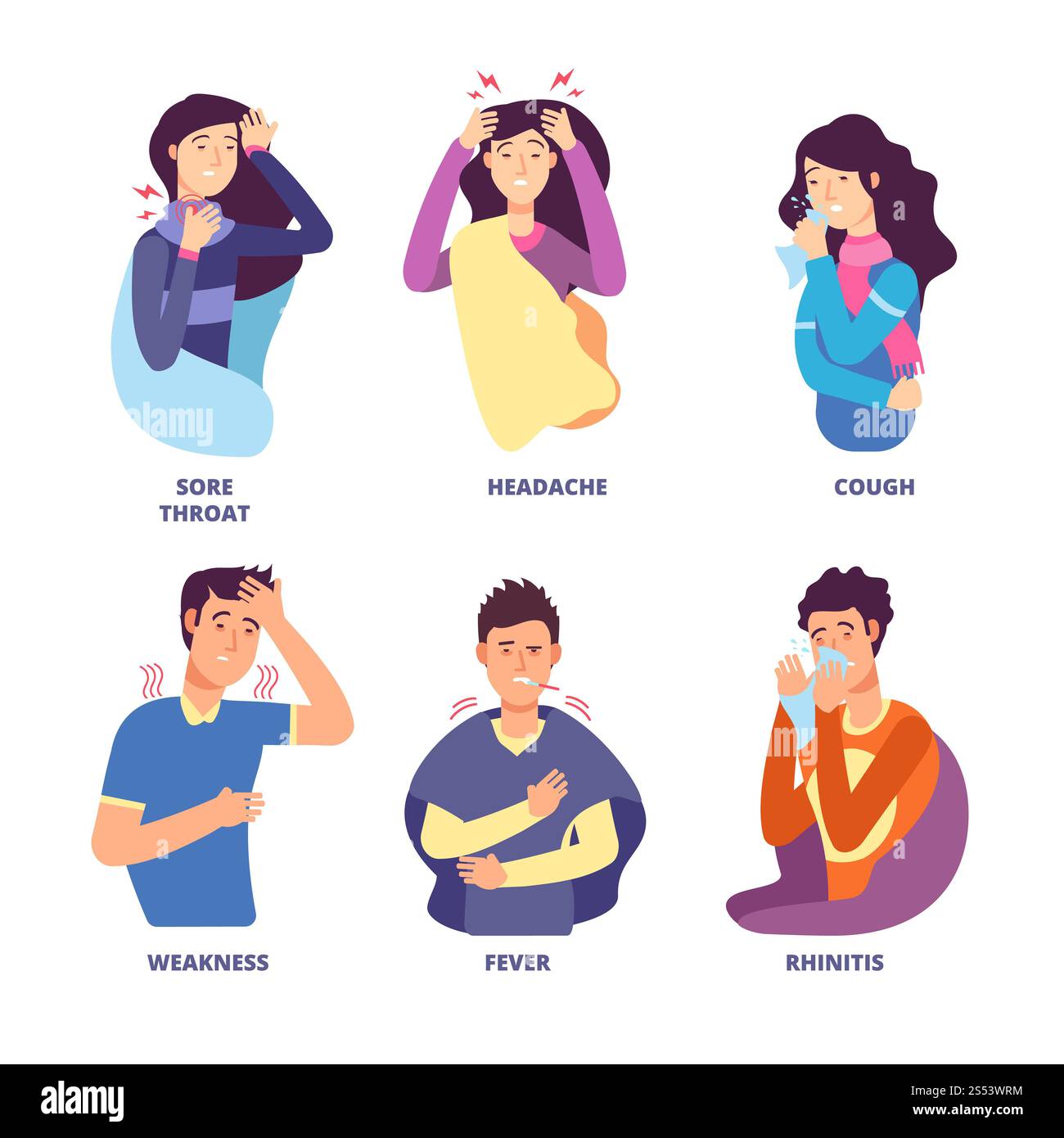 Flu symptoms. People demonstrating cold sickness. Fever cough, snot ...