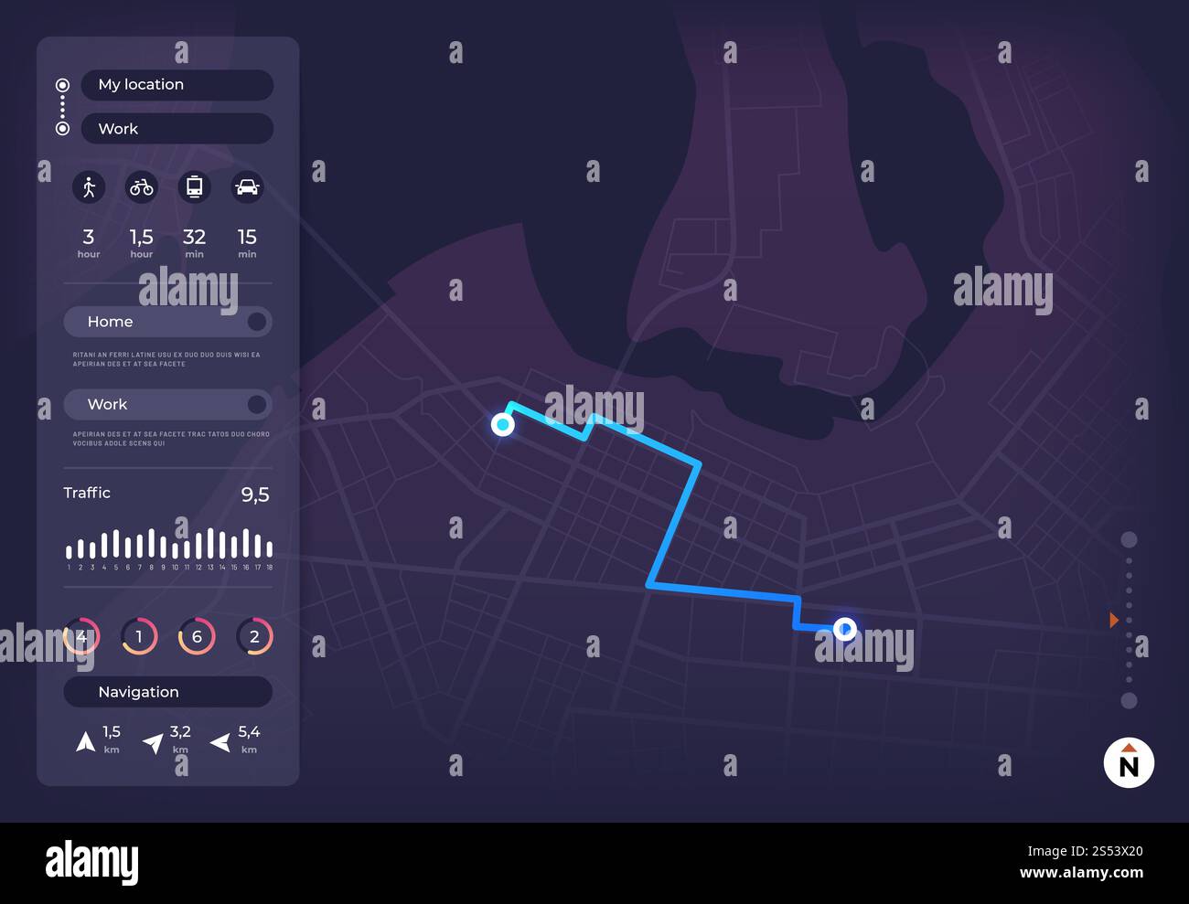 Navigation map. Gps mobile interface with route on city street and location pins. App roadmap ...