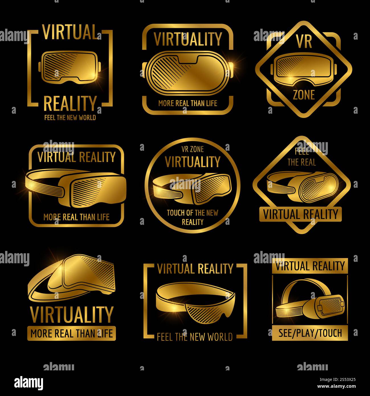 Golden virtual reality glasses and helmets label design. Vector vr logo ...