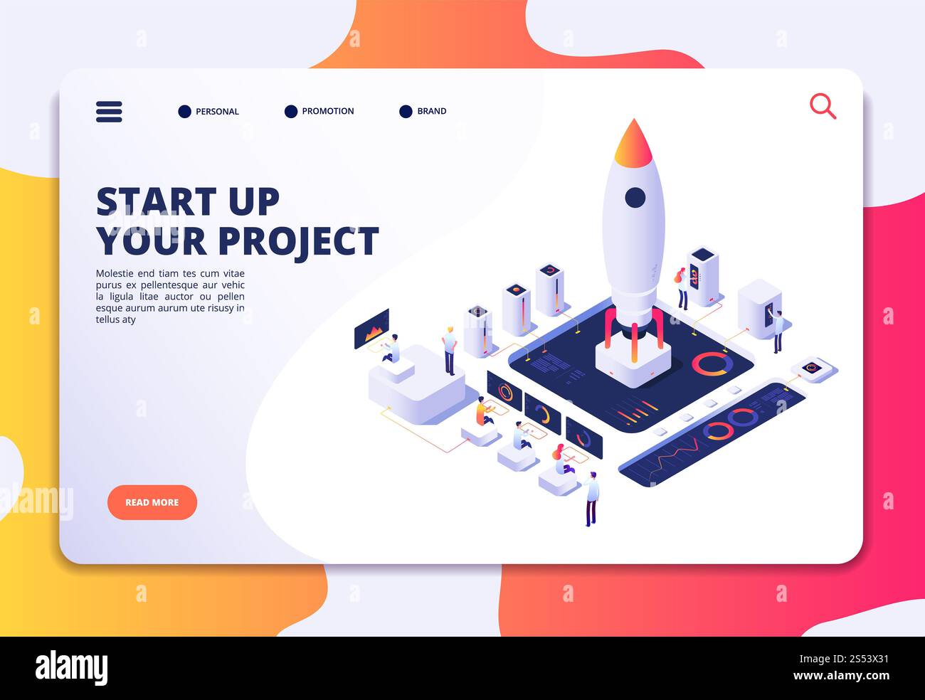 Startup landing page. Successful project launch, isometric rocket ...