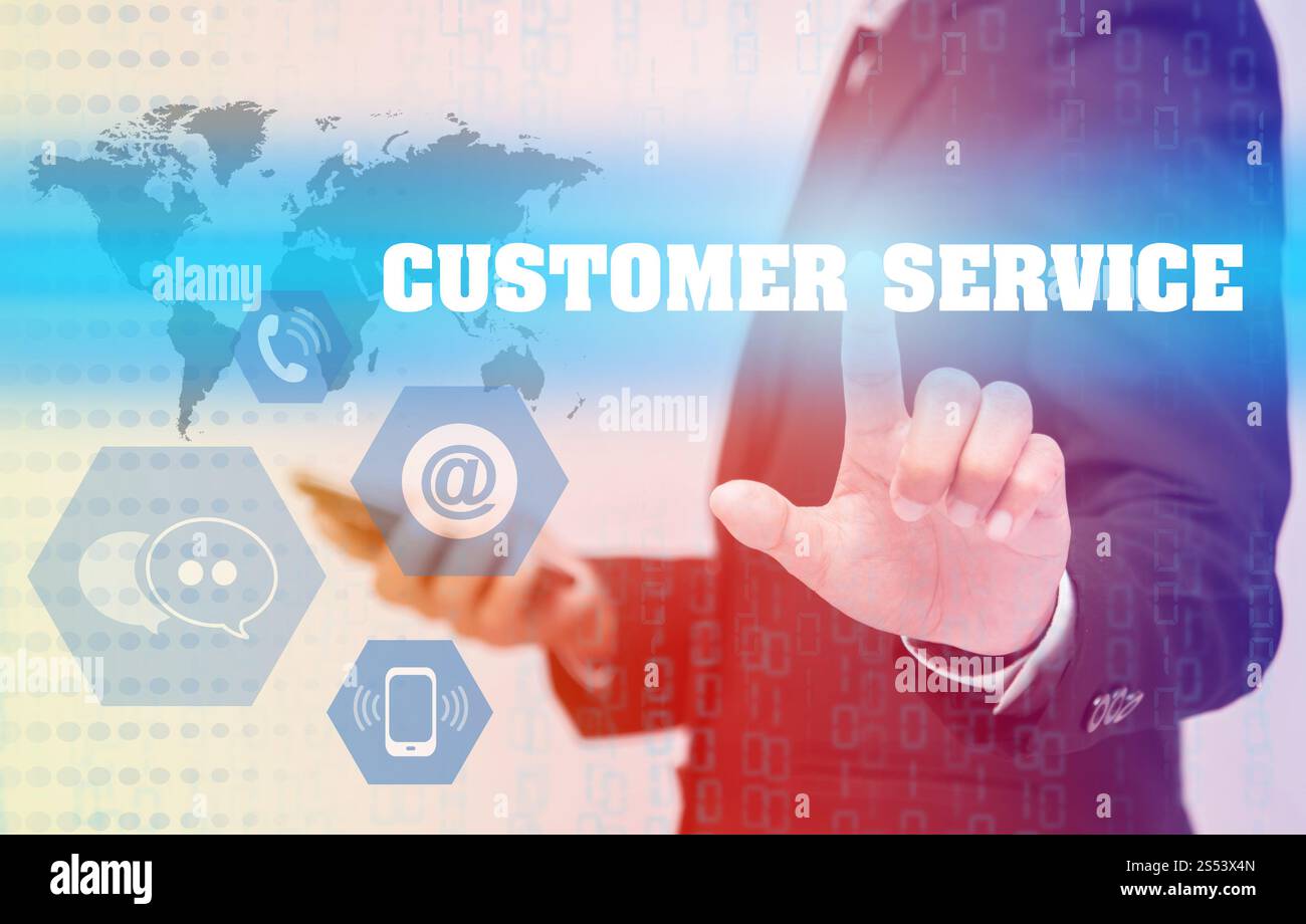 Business Technology concept, Hand touching Customer Service sign Stock ...