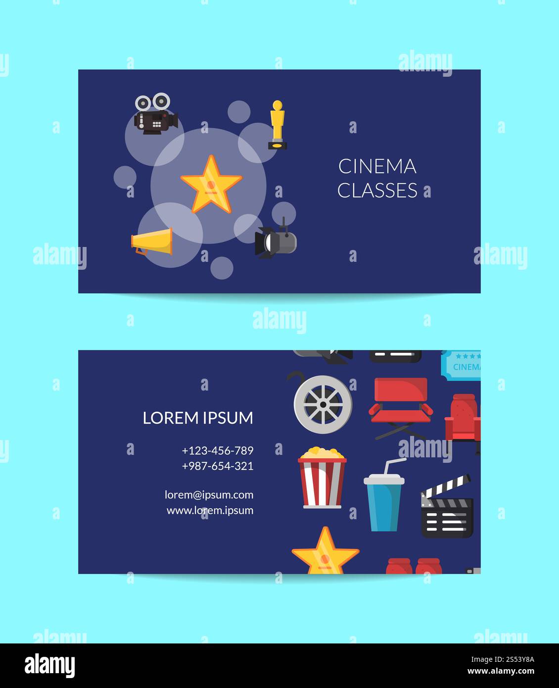 Vector flat cinema icons business card template for talent agency or ...