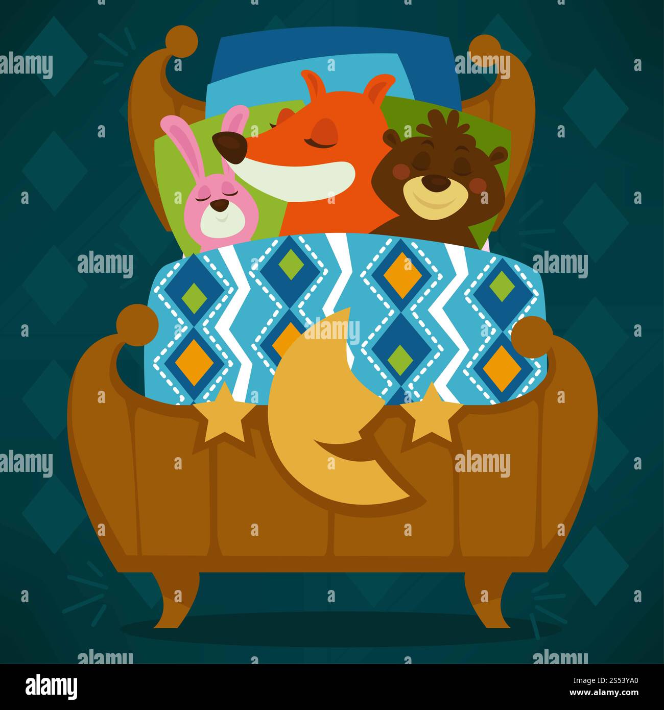 Animals sleeping in bed fairytale pets asleep set vector. Fox and bear ...