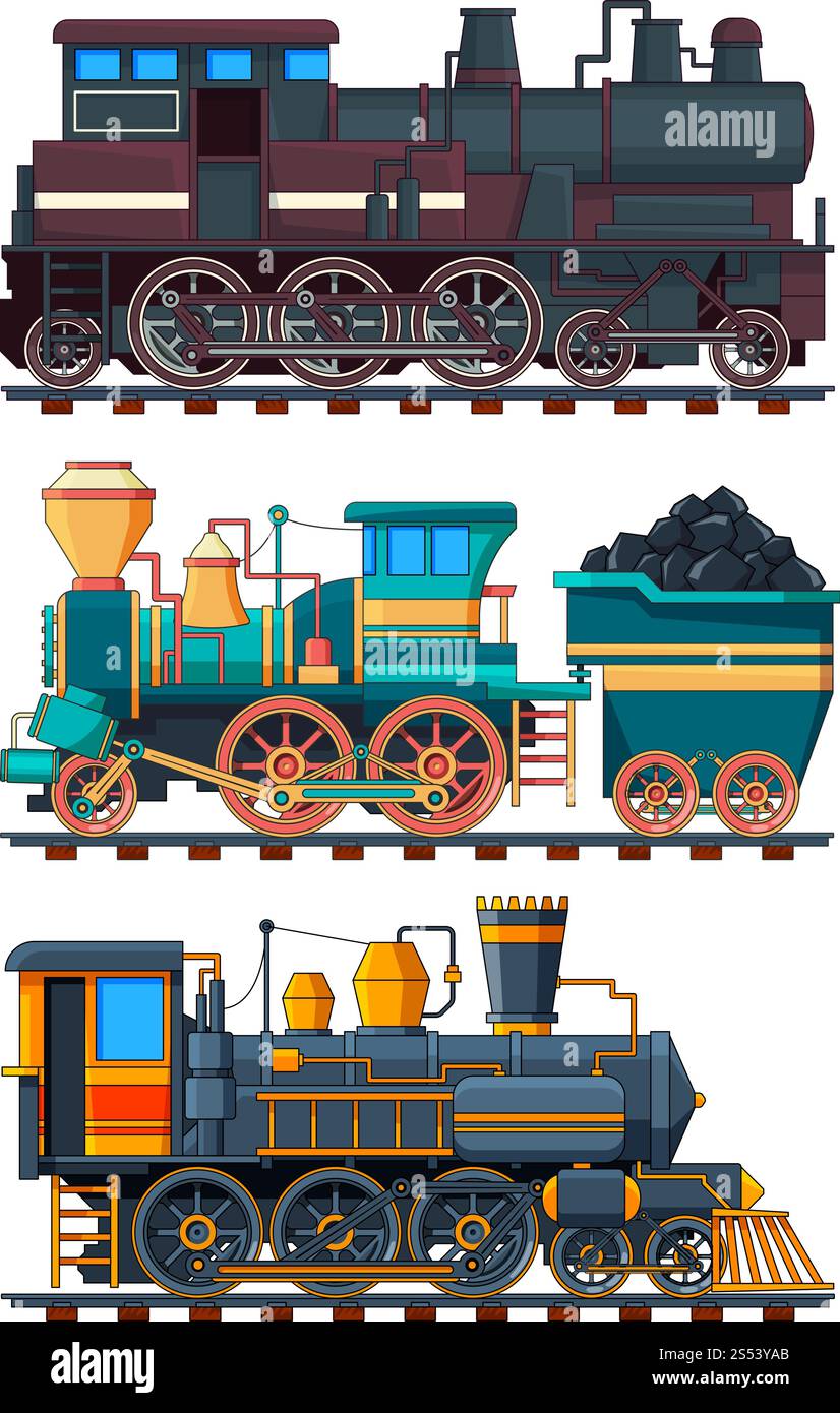 Colored cartoon pictures of retro trains. Locomotive toy, transport on ...