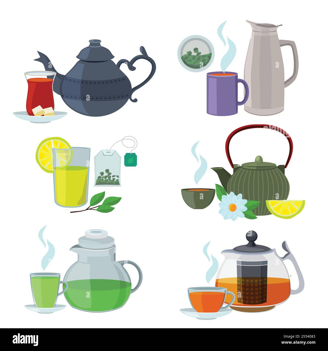 Chinesse, english and other different types of tea. Vector set isolate ...