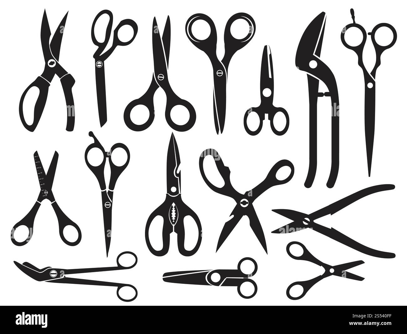 Monochrome pictures with different type of scissors for hairdressing ...