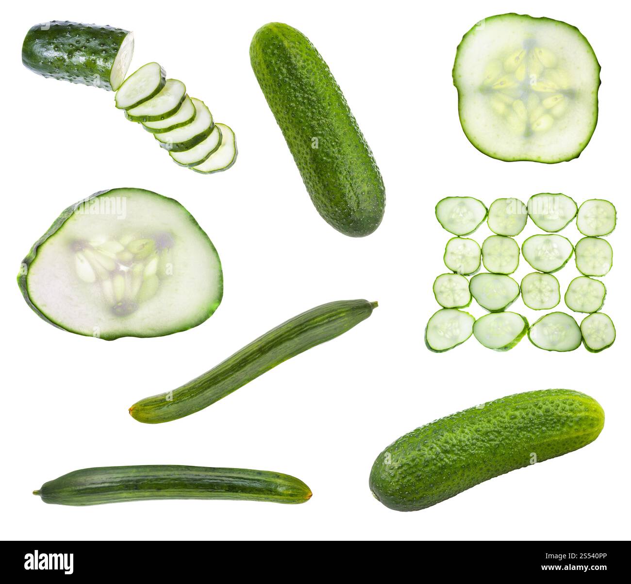 various sliced and whole raw cucumbers isolated on white background ...