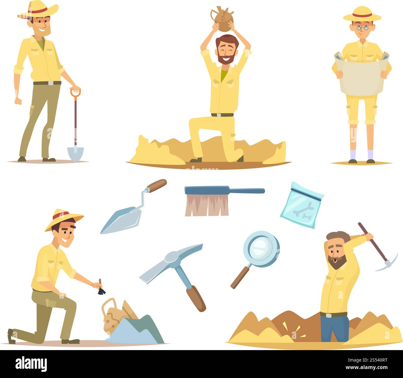 Vector archaeologist characters at work. Cartoon mascots in action ...