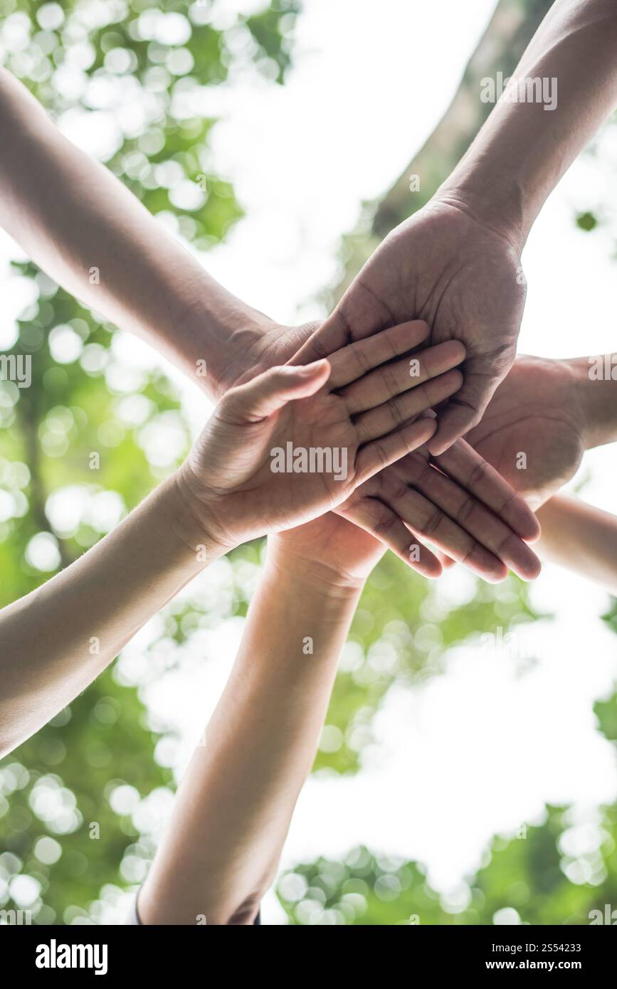 Close up team students teamwork stack hands together. Startup, Success ...