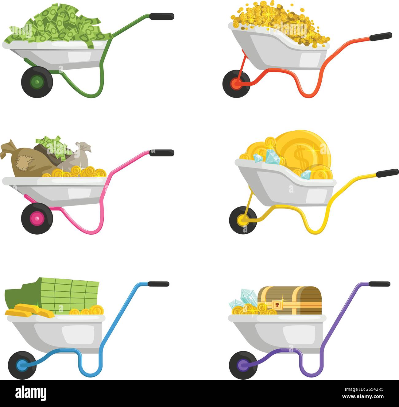 Illustrations of wheelbarrow with money. Vector set of wheelbarrow with ...