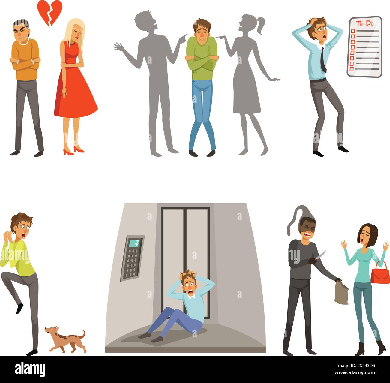 Characters in different scenes. Panic, fear and fright. Character with ...