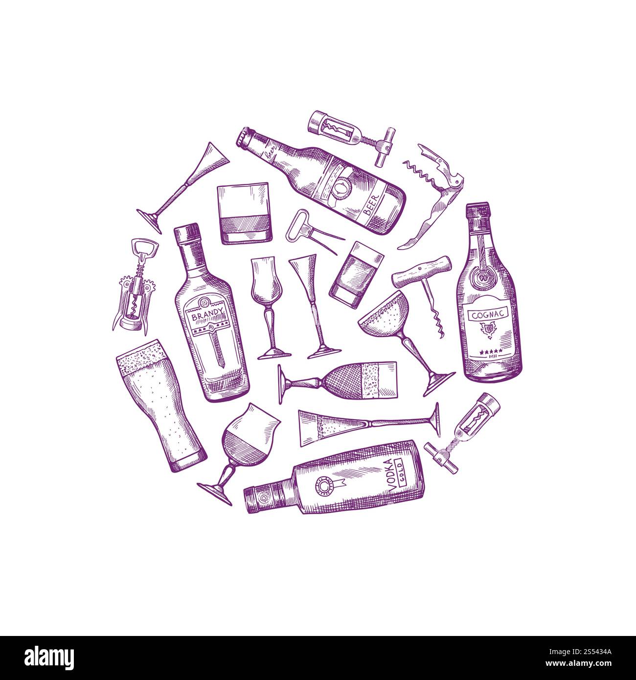 Vector hand drawn alcohol drink bottles and glasses gathered in circle ...