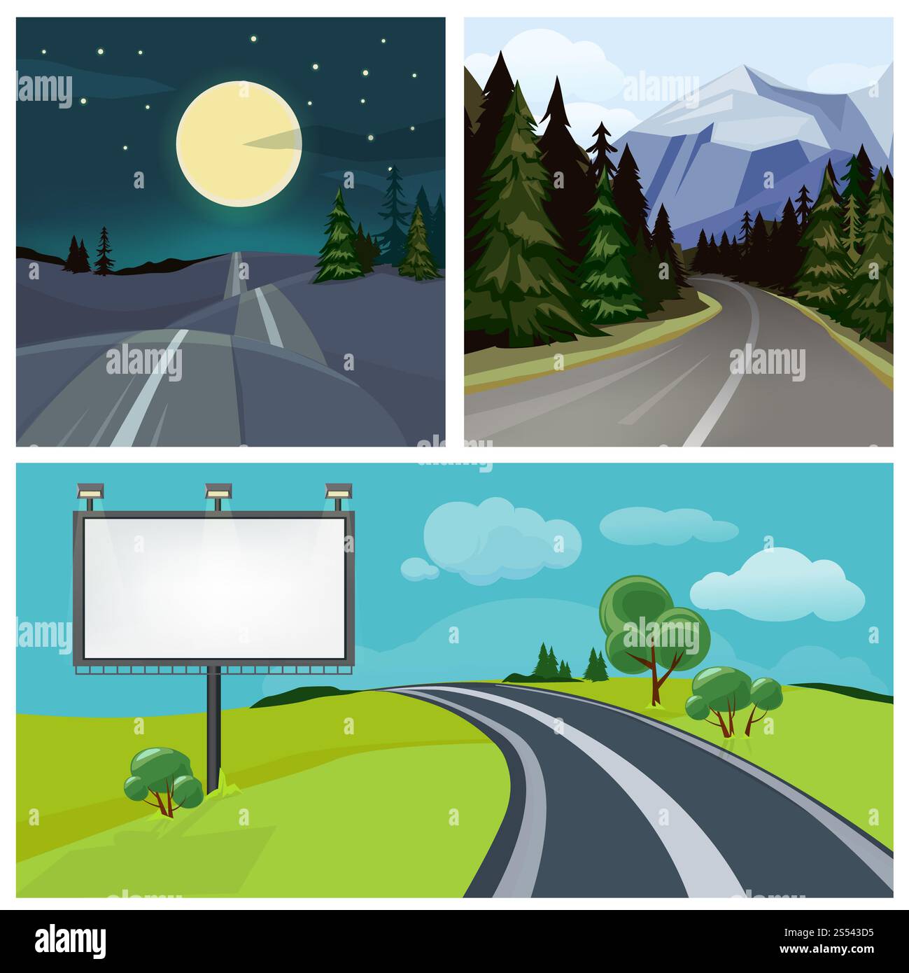Road to city. Highway and different types of urban road over hills ...