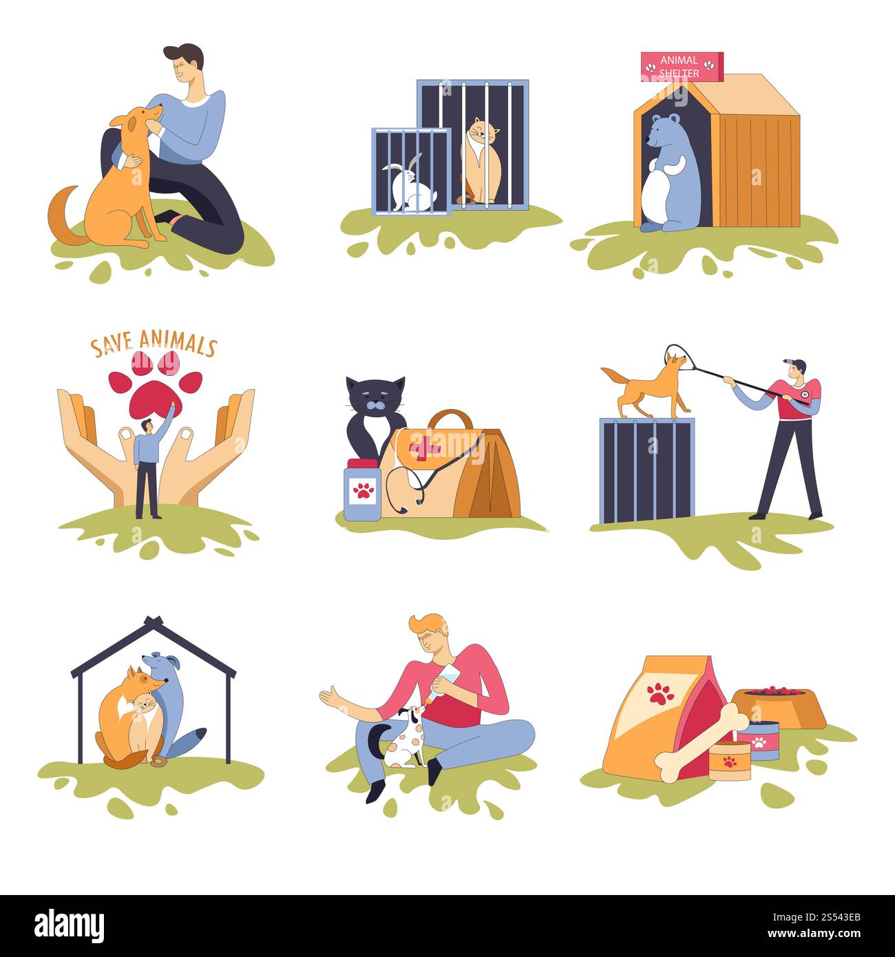 Canine and feline shelter dogs and cats house vector people playing ...