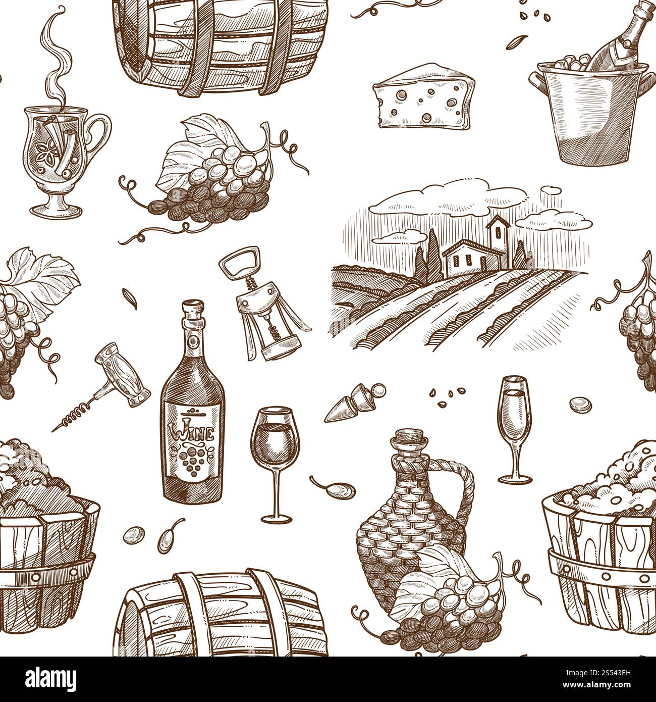 Wine and barrels with alcoholic beverage seamless pattern vector. House ...