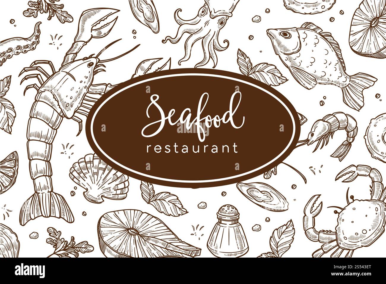 Seafood restaurant sketch poster for menu or tablemat template. vector ...