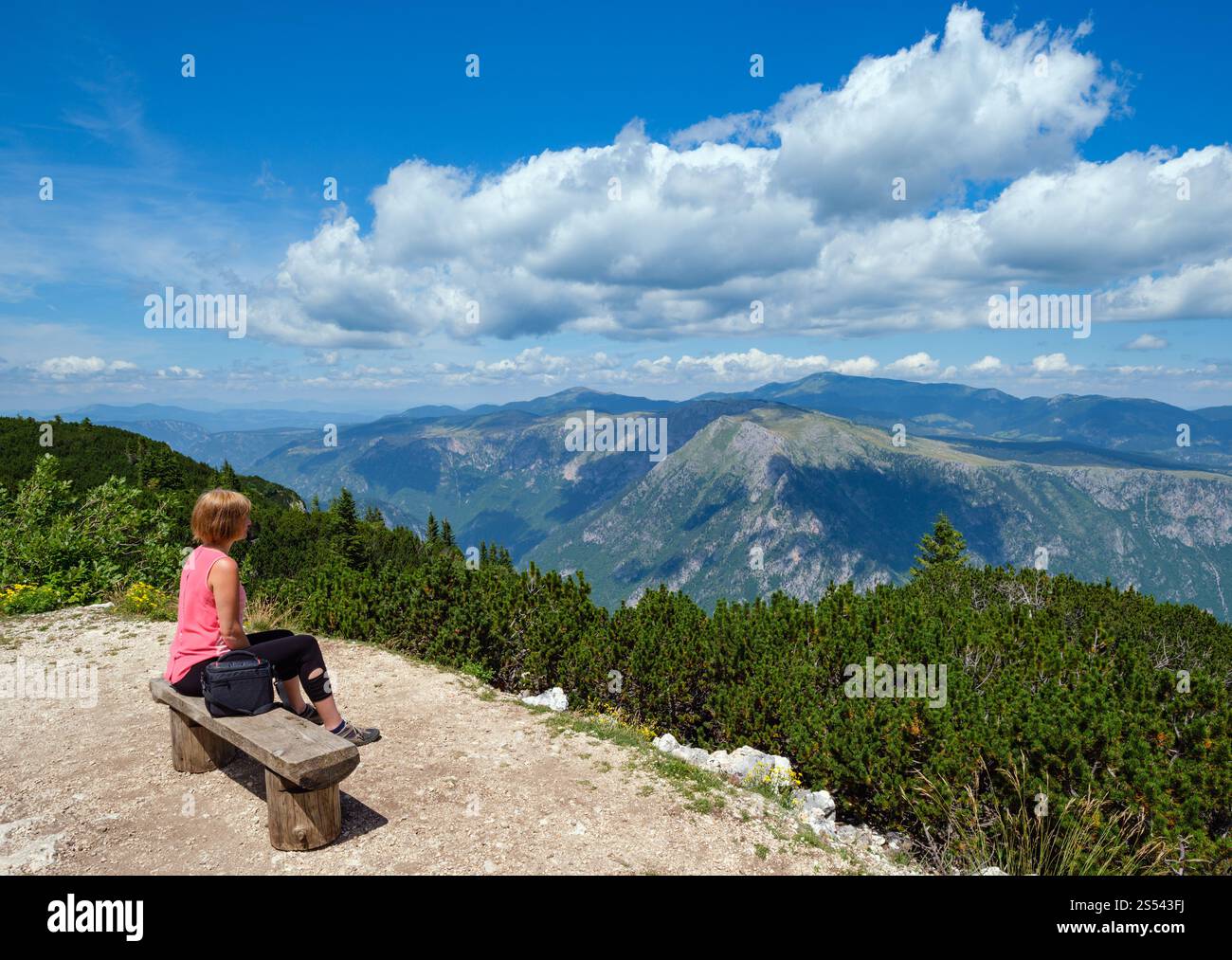 Woman on wooden bench over picturesque summer Tara Canyon in mountain ...