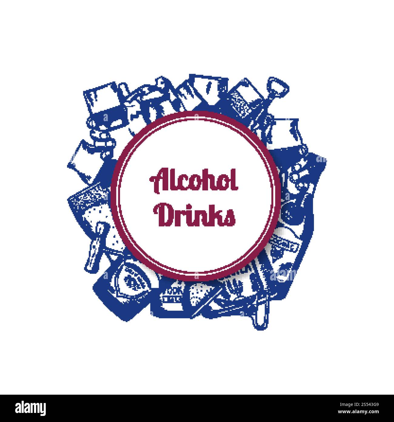 Vector hand drawn alcohol drink bottles and glasses under circle with ...