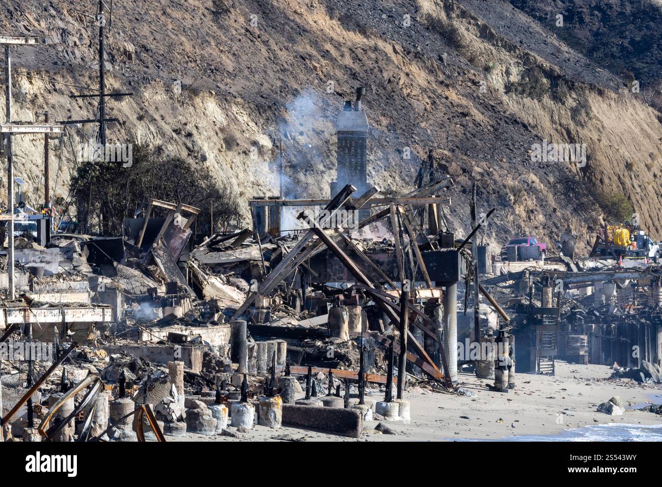 Los Angles. 11th Jan, 2025. A burned building show in Pacific Palisades and Malibu on Sunday 12 ...