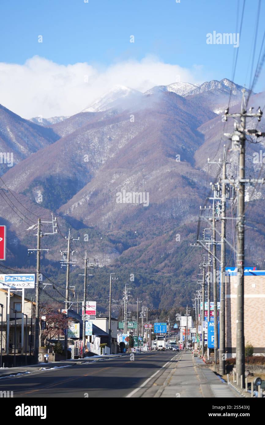 January 14, 2025: View of mountains in urban area of Komagane City ...