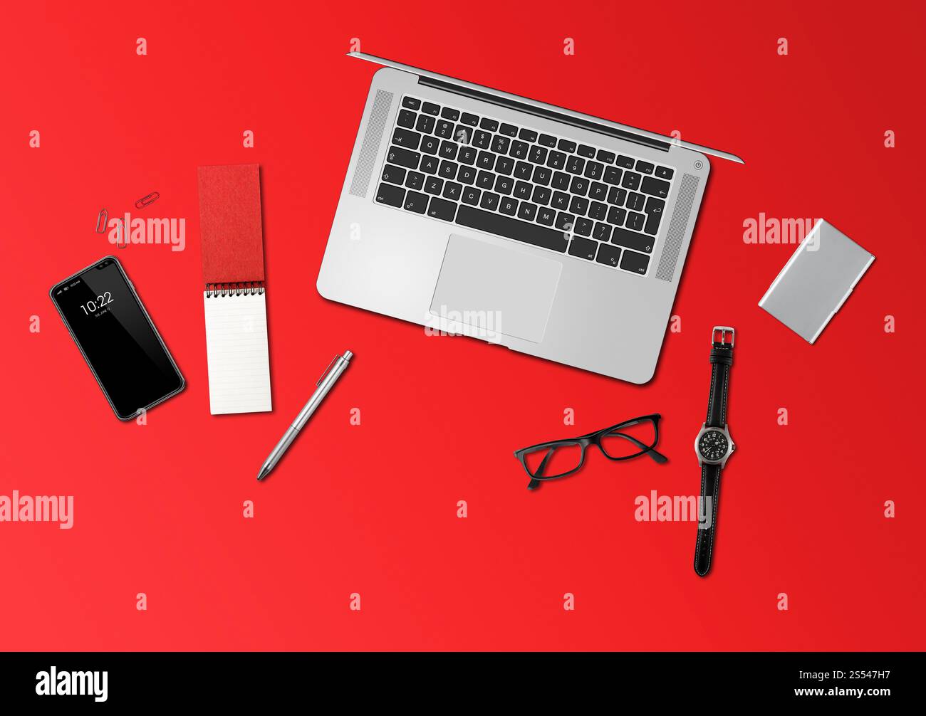 Modern office desk mockup top view isolated on red. Office desk mockup ...