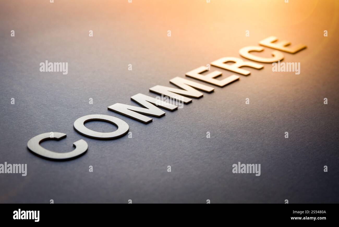 Word commerce written with white solid letters on a board. Word ...