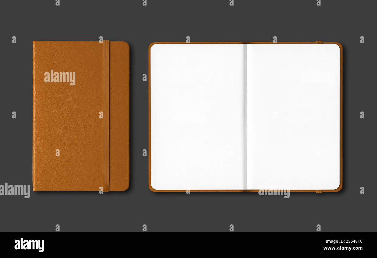 Leather closed and open notebooks mockup isolated on black. Leather ...