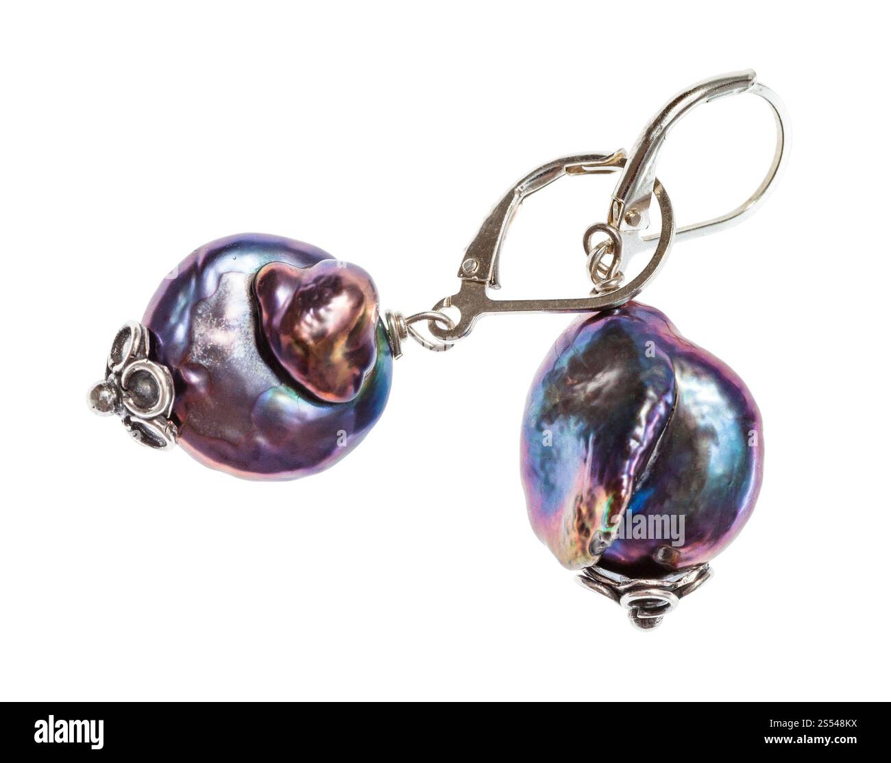 handmade earrings from natural blue iridescent baroque pearls isolated ...