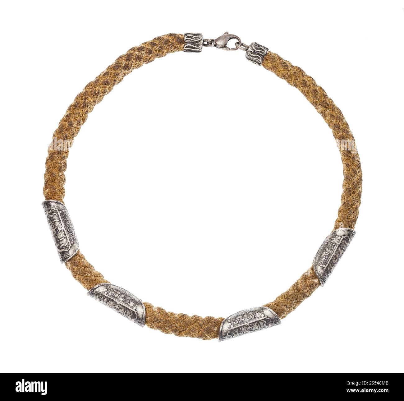 top view of vintage necklace from cotton rope with ancient silver coins ...