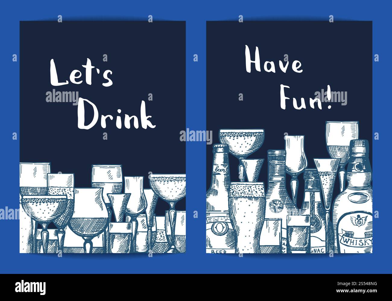 Vector hand drawn alcohol drink bottles and glasses set of card ...