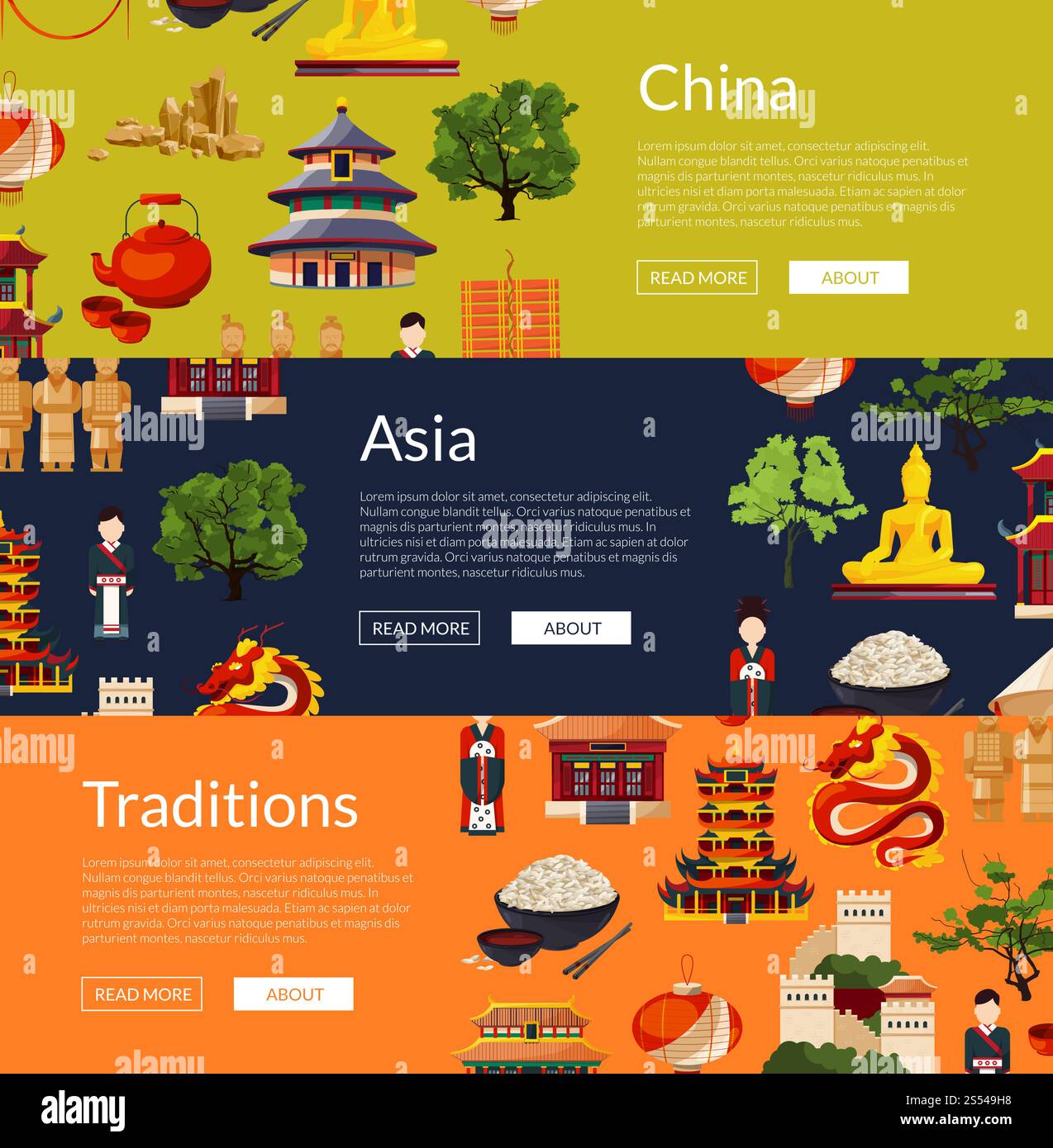 Vector flat style china elements and sights horizontal web banners ...