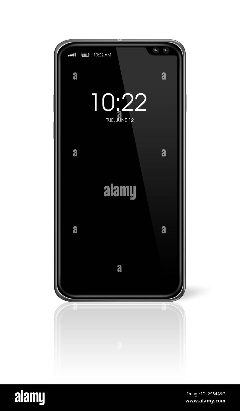 All-screen black smartphone mockup isolated on white with clock display ...