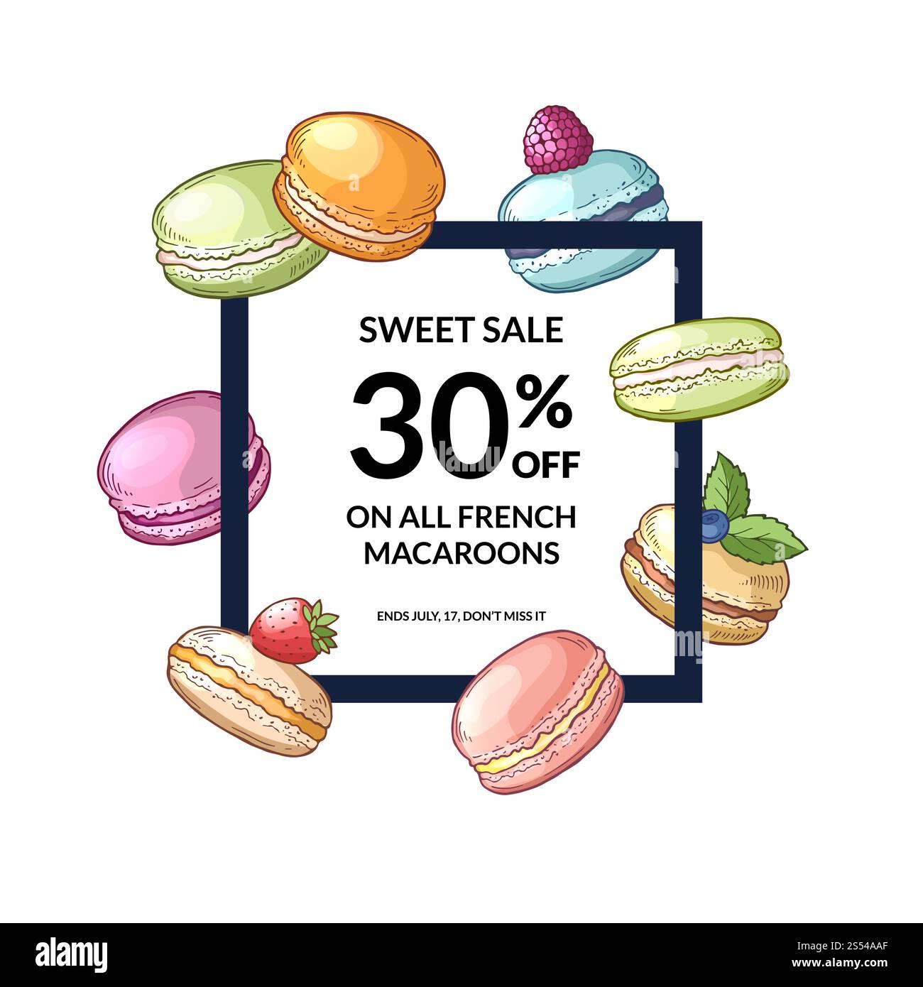 Vector frame with flying hand drawn macaroons around it with place for ...