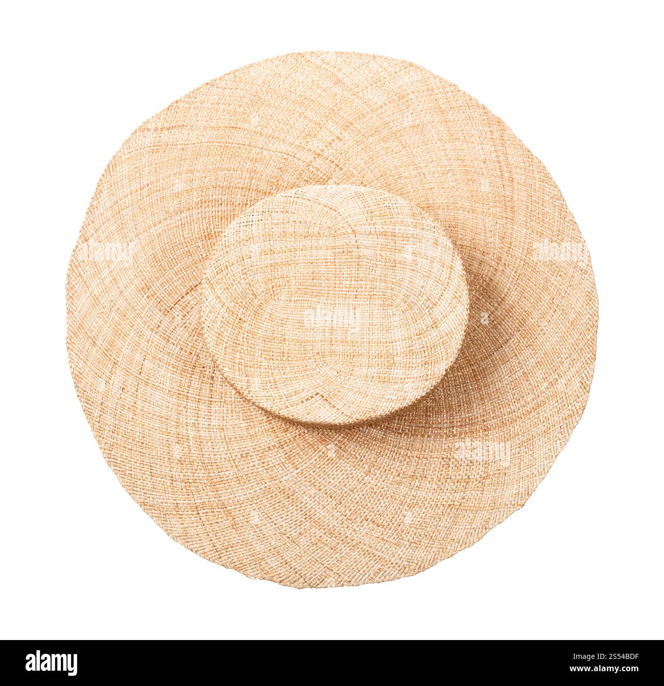 top view of wide brimmed straw hat isolated on white background. top ...