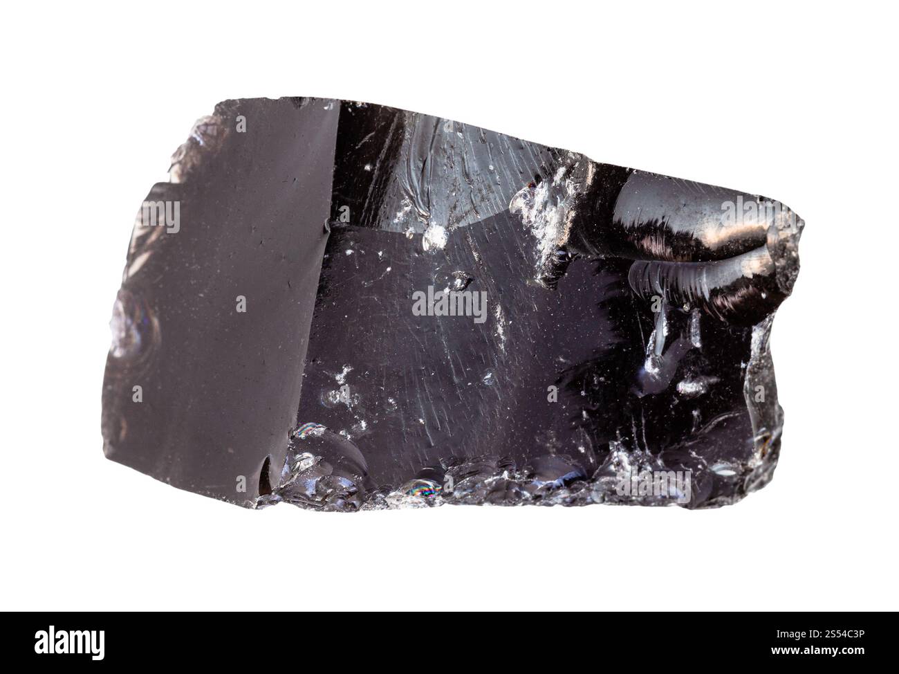 closeup of sample of natural mineral from geological collection - rough sharp Obsidian (volcanic ...